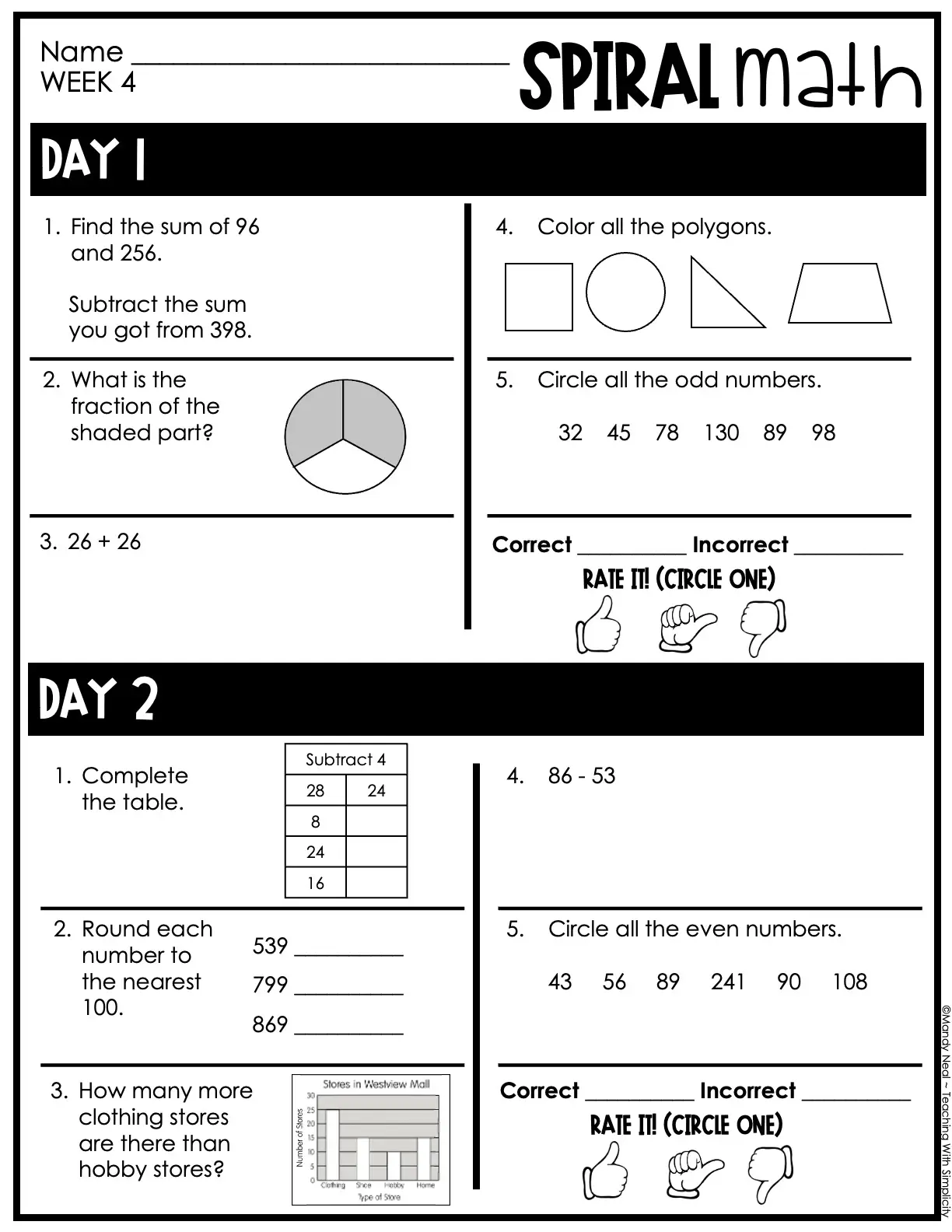 3rd Grade 1st Quarter Spiral Math – Week 4 (Editable ...