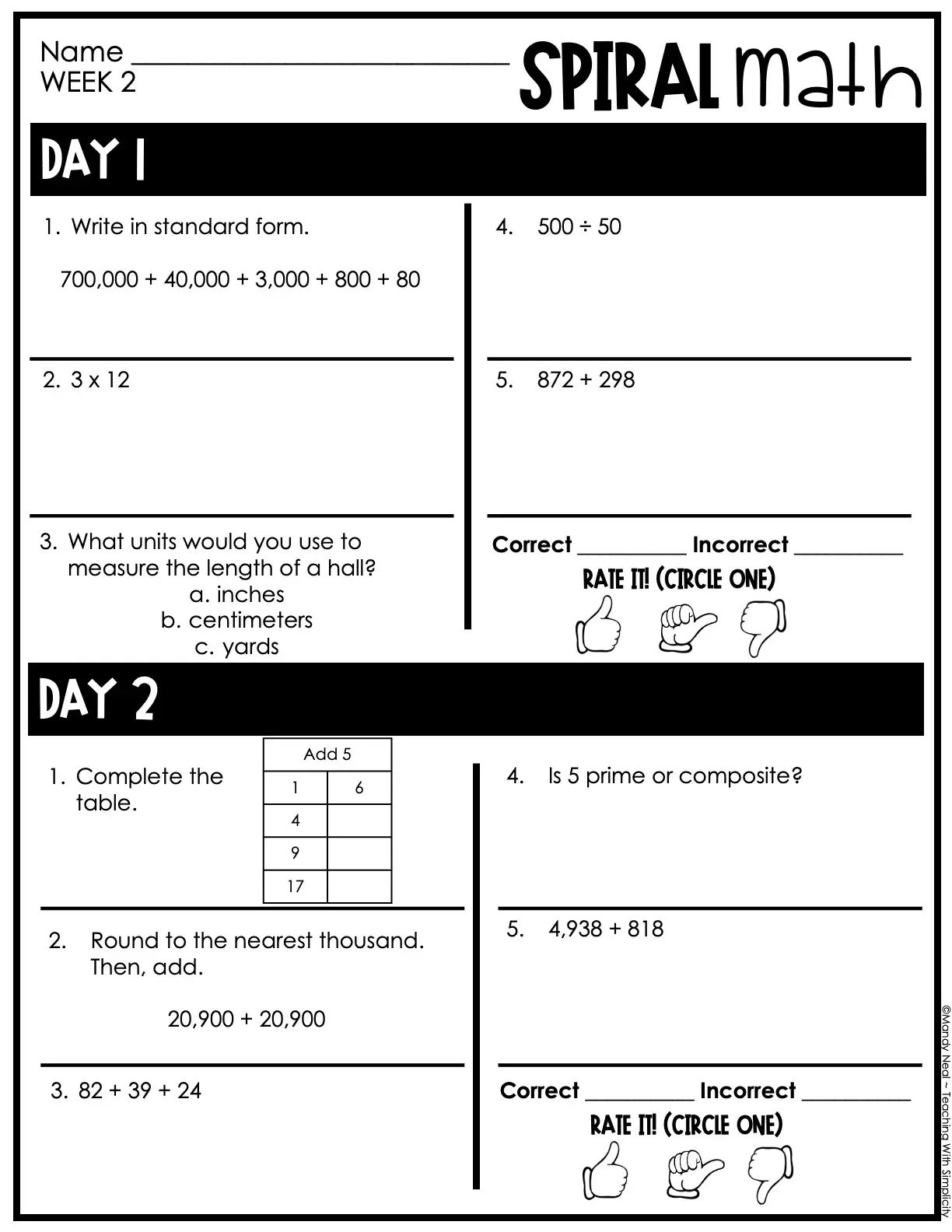 4th Grade 1st Quarter Spiral Math – Week 2 (Editable ...