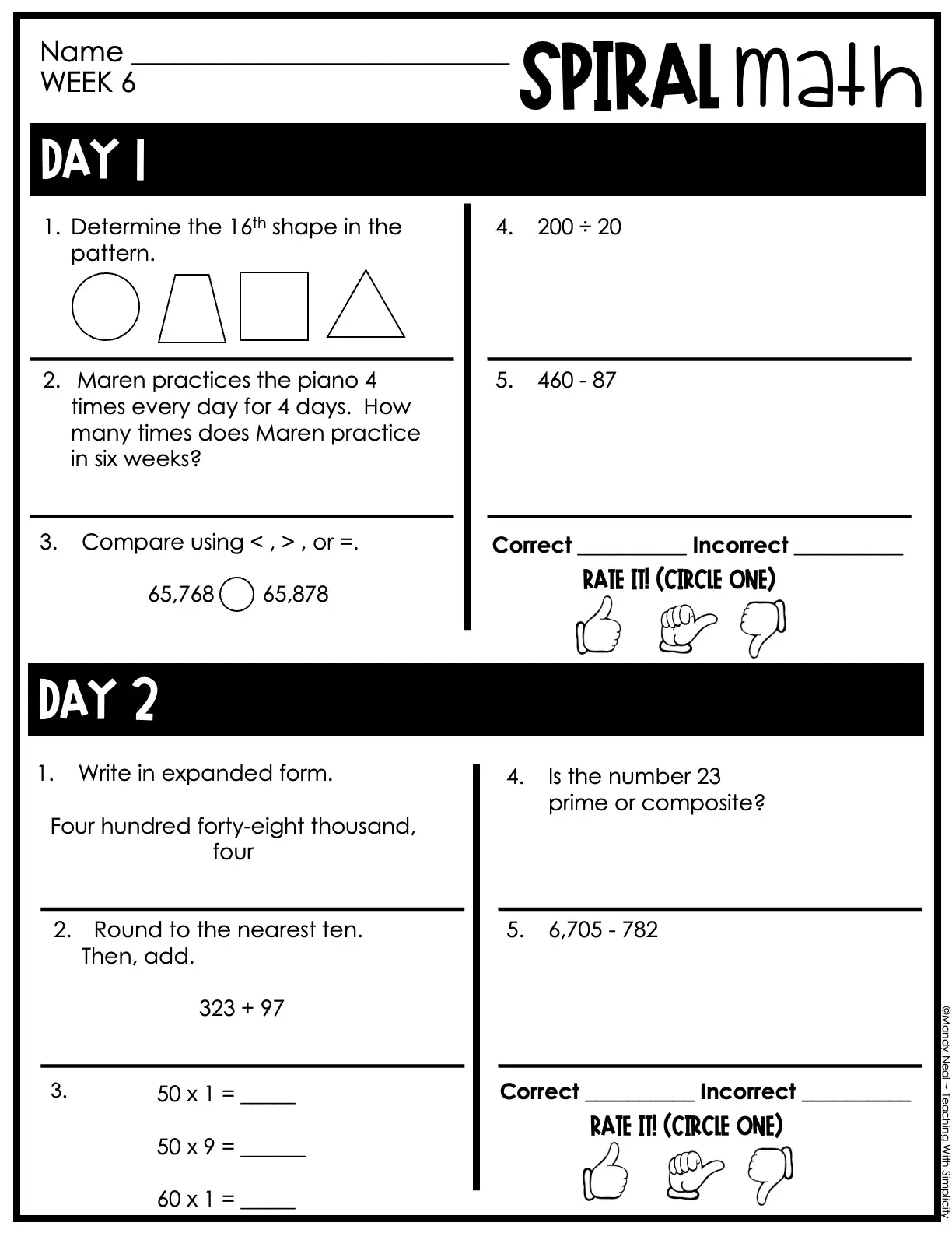 4th Grade 1st Quarter Spiral Math – Week 6 (Editable ...