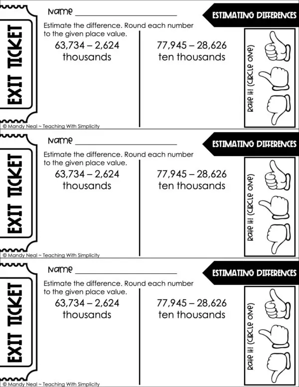 4th Grade Addition and Subtraction – Estimating Differences Exit Ticket ...