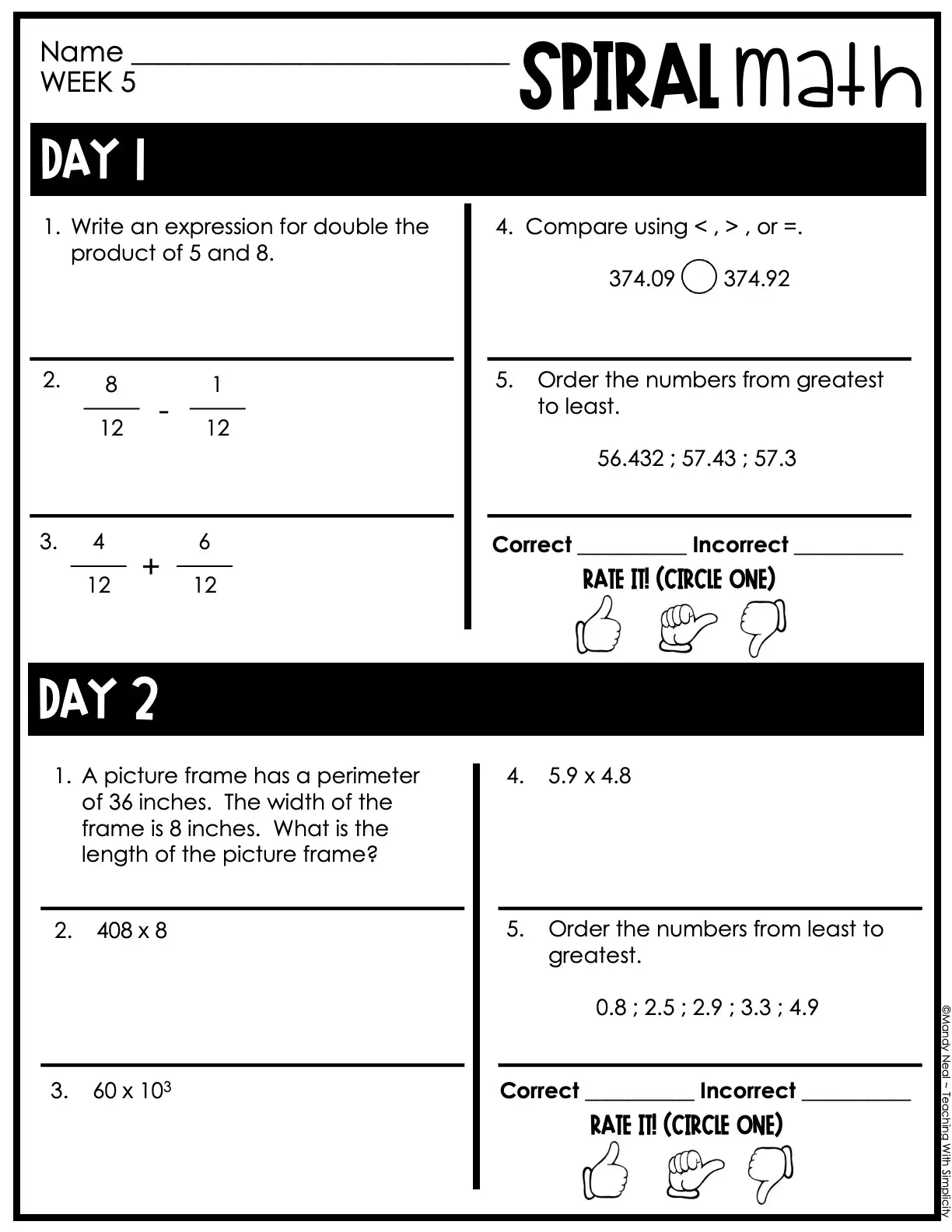 5th Grade 1st Quarter Spiral Math – Week 5 (Printable ...