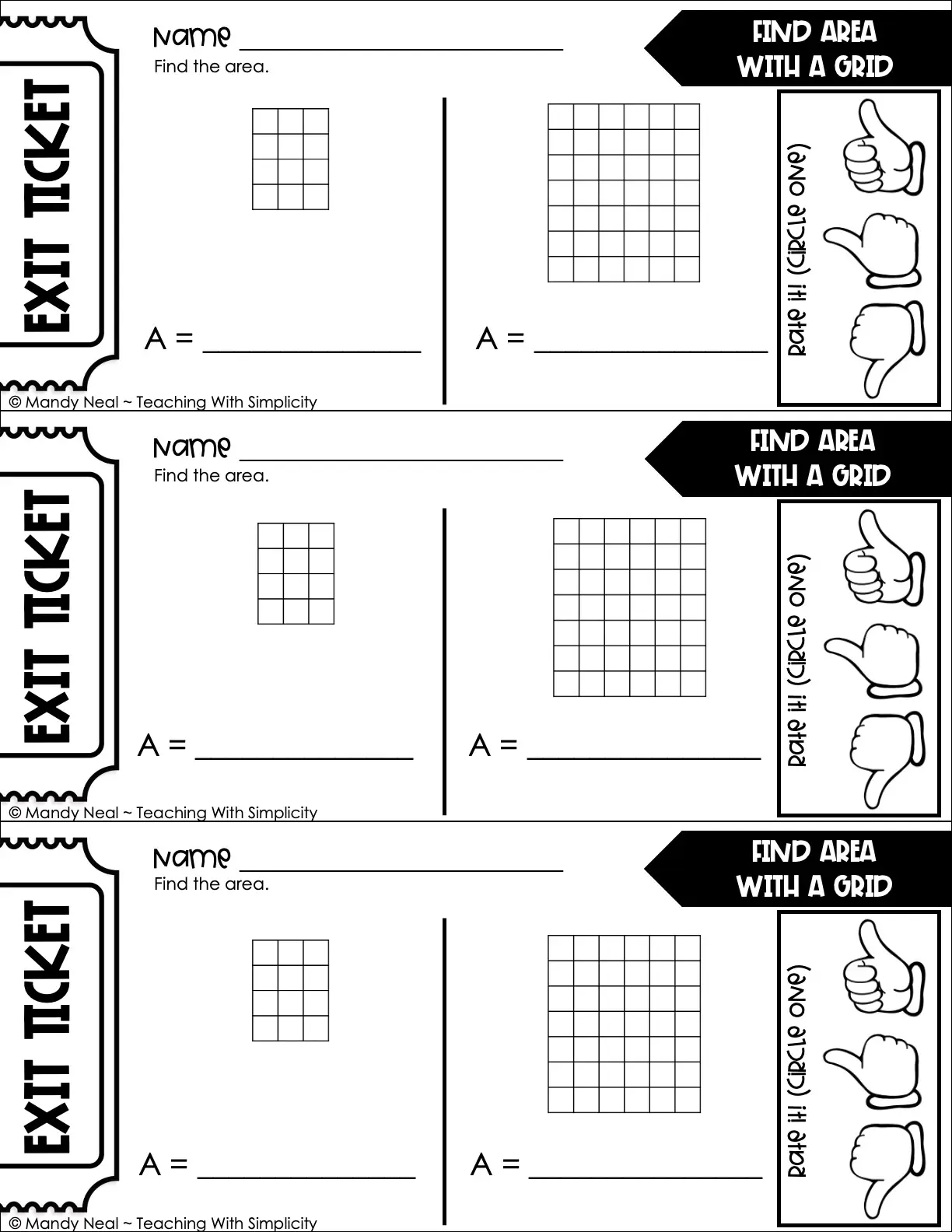 3rd Grade Area and Perimeter – Find Area with a Grid Exit Ticket 1 ...