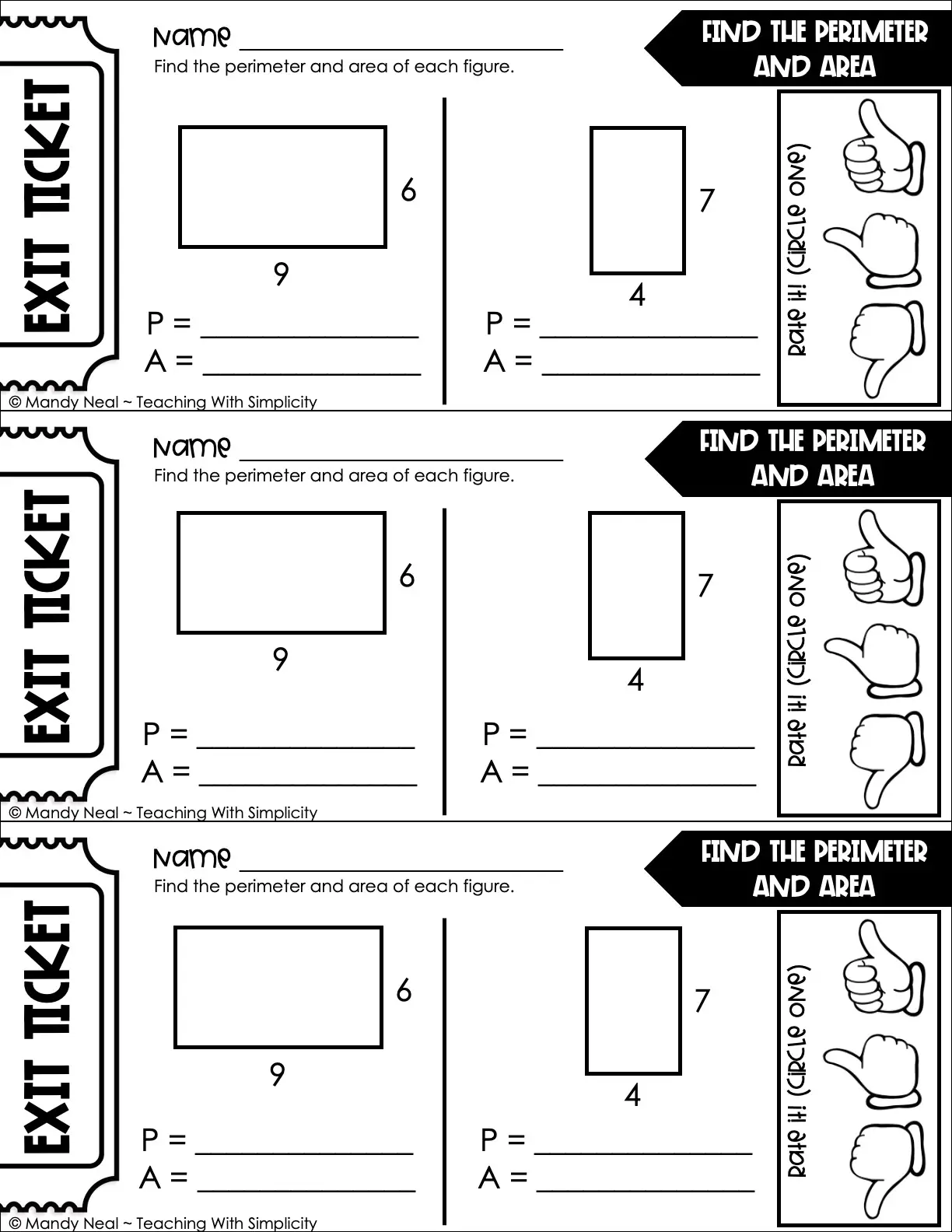3rd Grade Area and Perimeter – Find the Perimeter and Area Exit Ticket ...