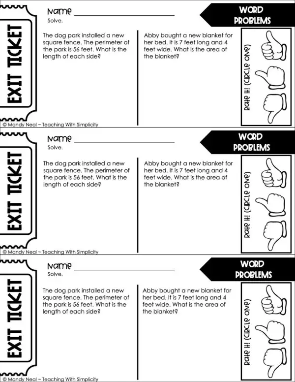3rd Grade Area and Perimeter – Word Problems Exit Ticket 1 ...