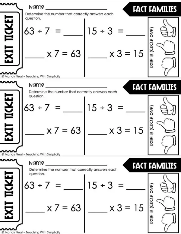 3rd Grade Division – Fact Families Exit Ticket 2 ...