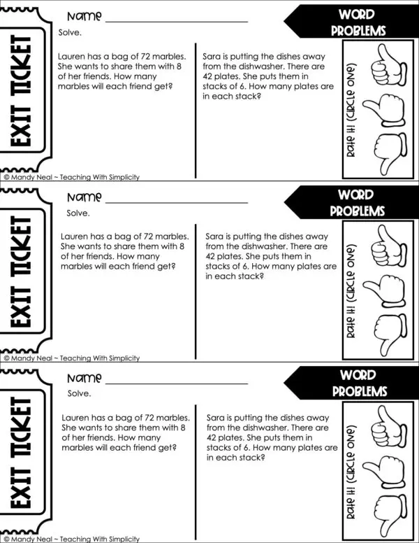 3rd Grade Division – Word Problems Exit Ticket 1 ...