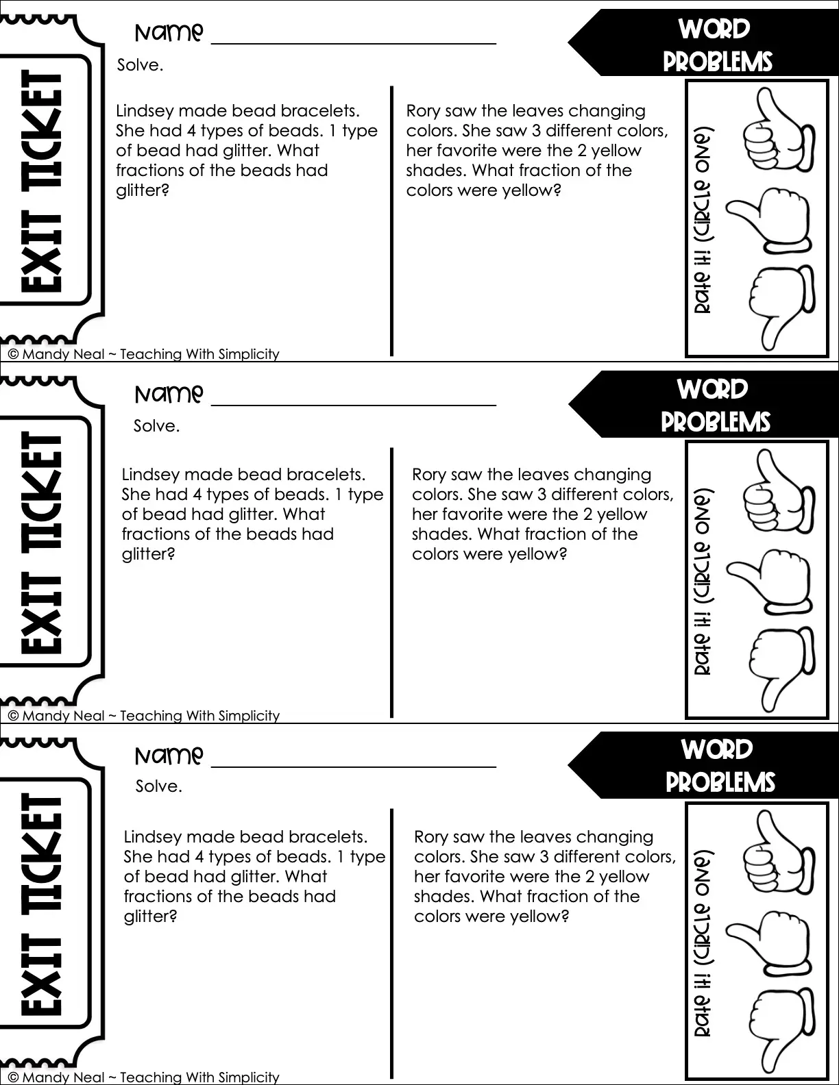 3rd Grade Fractions – Word Problems Exit Ticket 2 ...