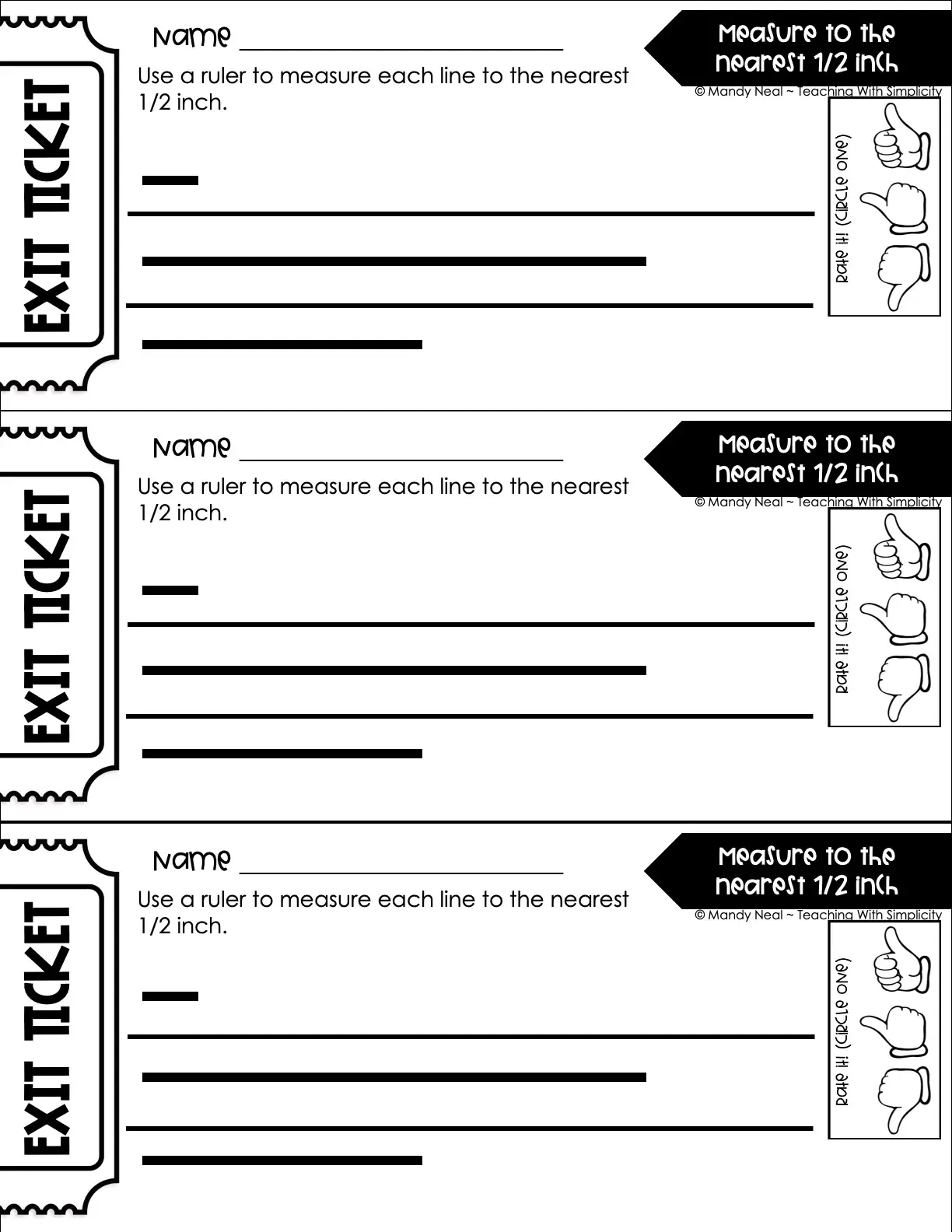 3rd Grade Measurement – Measure to the Nearest 1/2 Inch Exit Ticket 2 ...