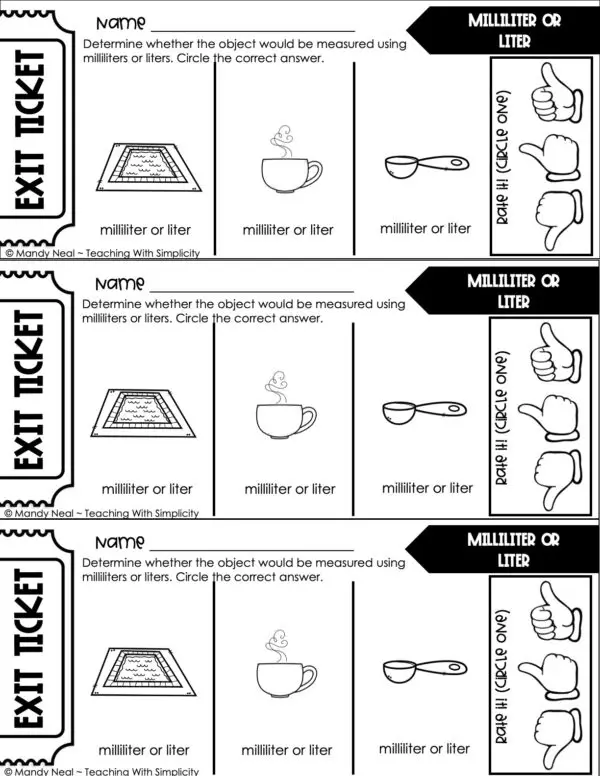 3rd Grade Measurement – Milliliter or Liter Exit Ticket 2 ...