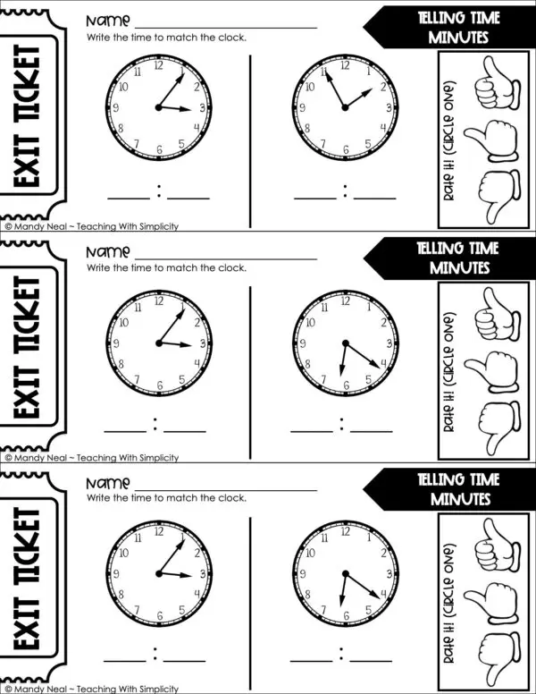 3rd Grade Measurement – Telling Time: Minutes Exit Ticket 1 ...