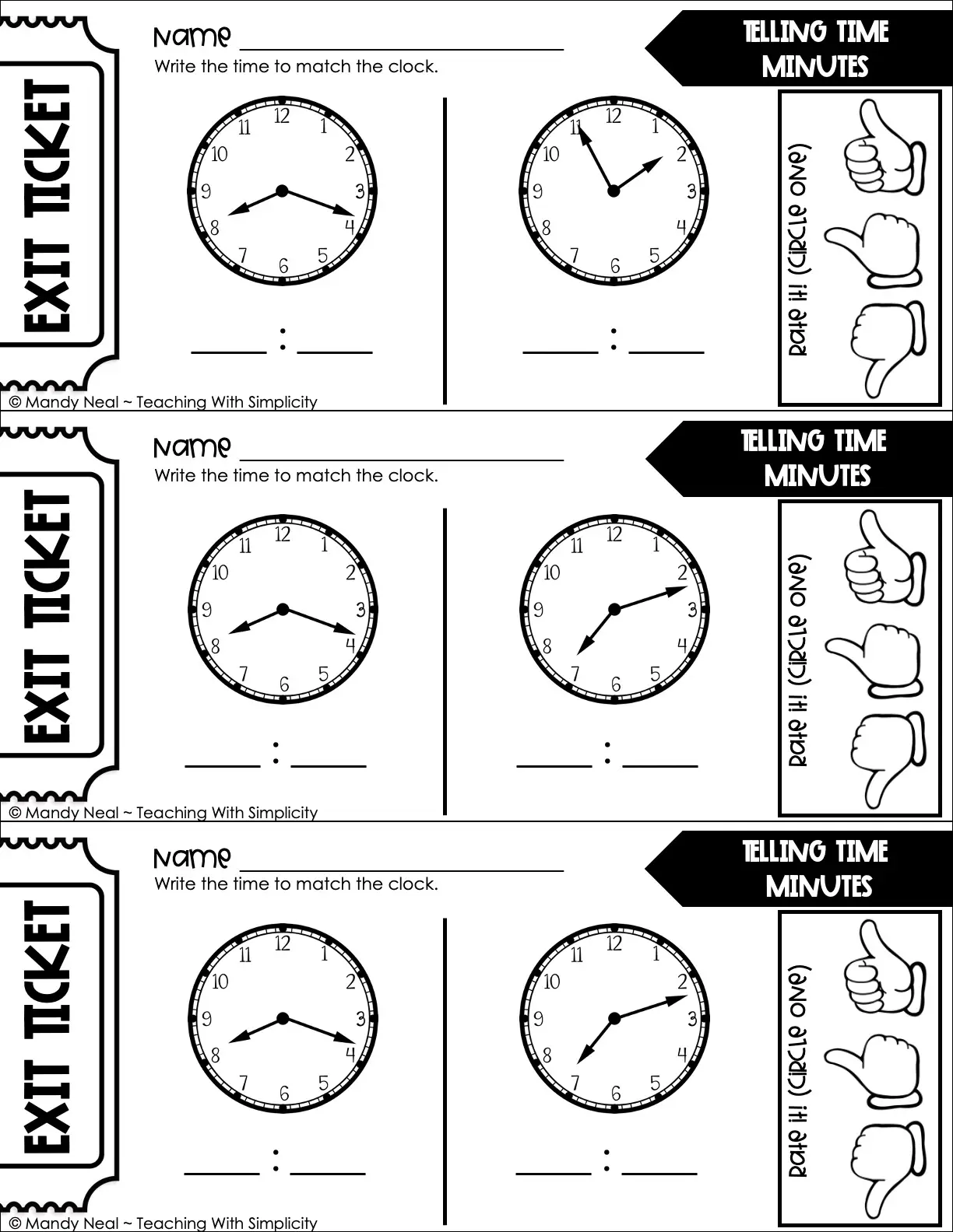 3rd Grade Measurement – Telling Time: Minutes Exit Ticket 2 ...
