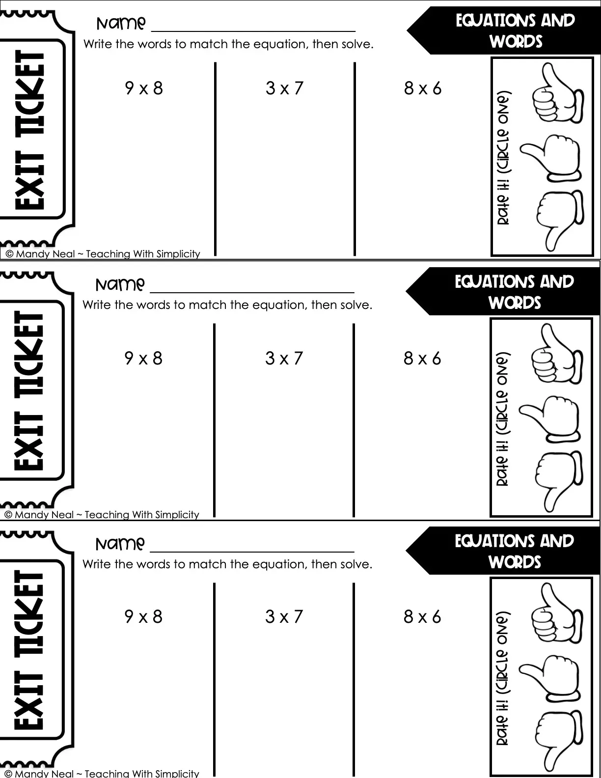 3rd Grade Multiplication – Equations and Words Exit Ticket 2 ...