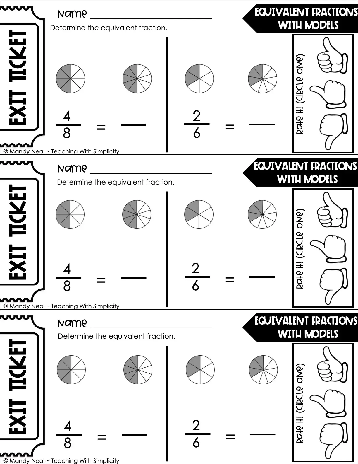 4th Grade Fractions – Equivalent Fractions with Models Exit Ticket 2 ...