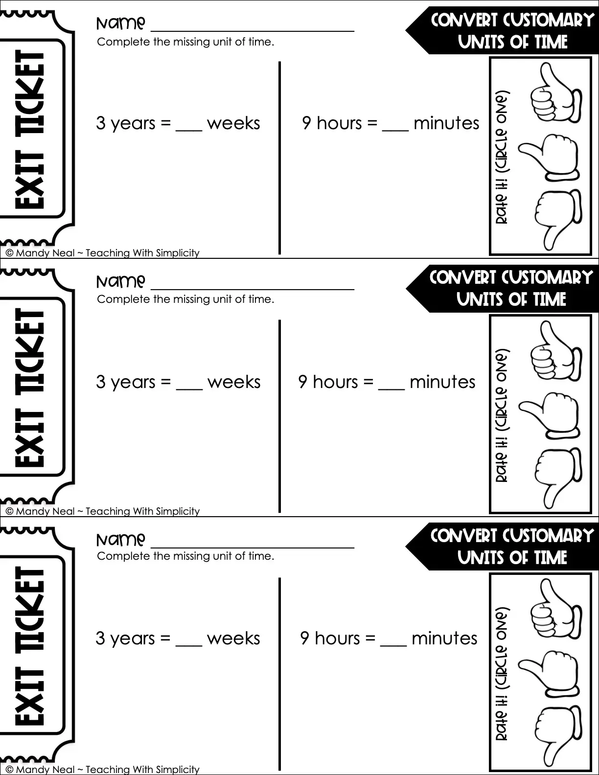4th Grade Measurement – Convert Customary Units of Time Exit Ticket 2 ...