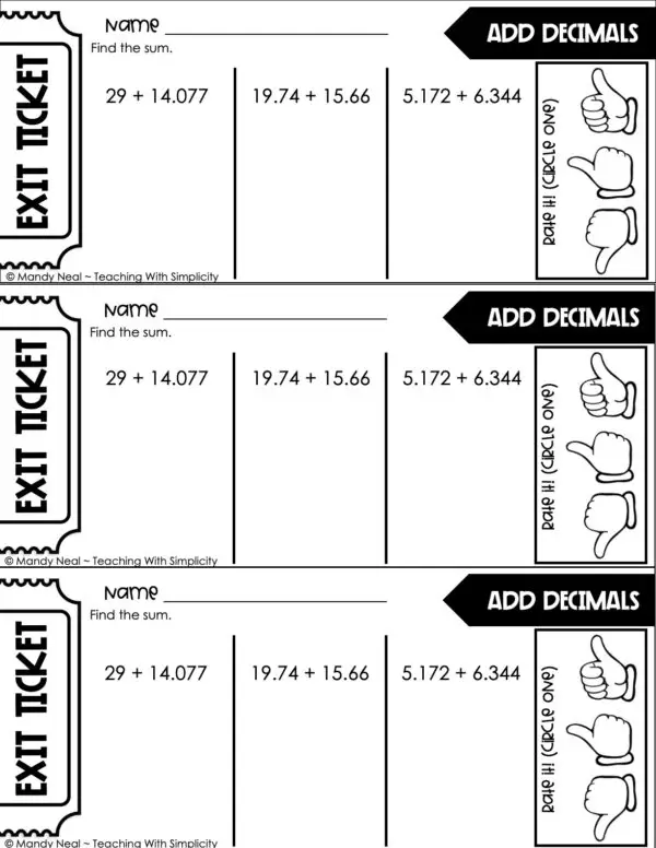 5th Grade Decimals – Add Decimals Exit Ticket 2 ...