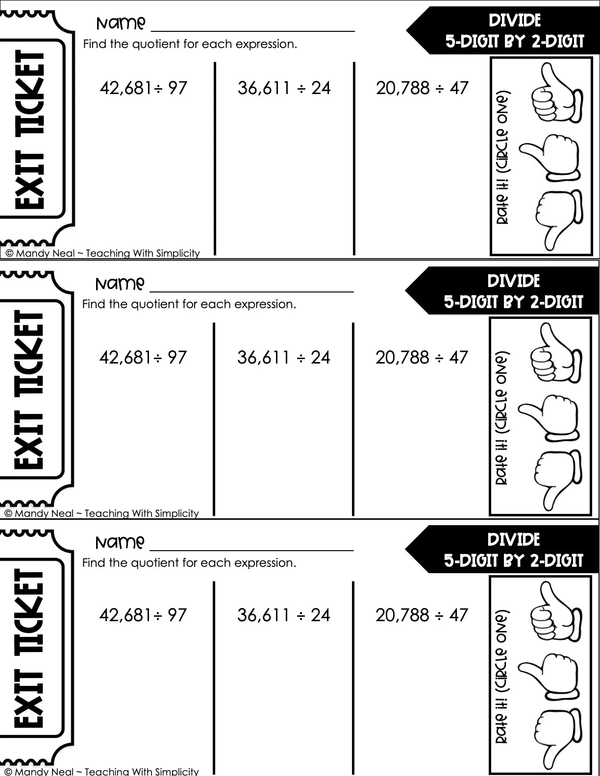 5th Grade Division – Divide 5-Digit by 2-Digit Exit Ticket 2 ...