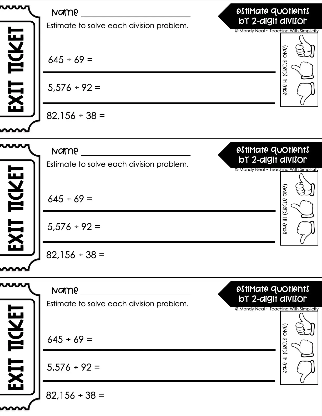 5th Grade Division – Estimate Quotients by 2-Digit Divisor Exit Ticket ...