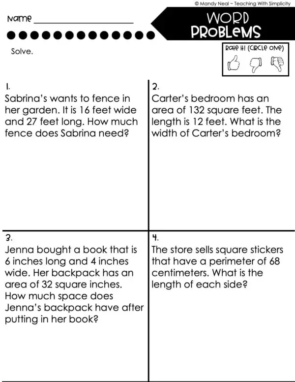4th Grade Area and Perimeter – Word Problems Worksheet 1 ...