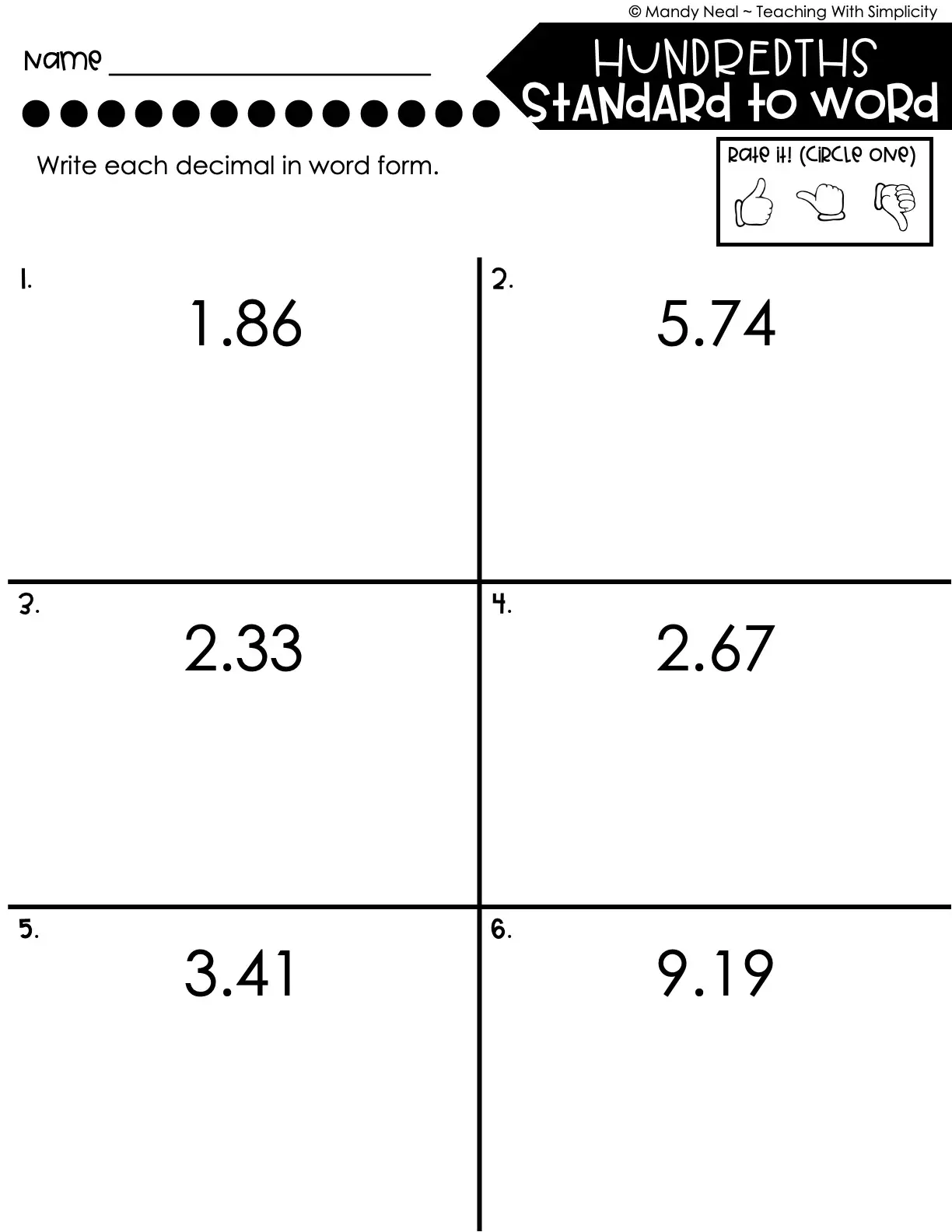 4th Grade Decimals – Hundredths – Standard to Word Worksheet 2 ...