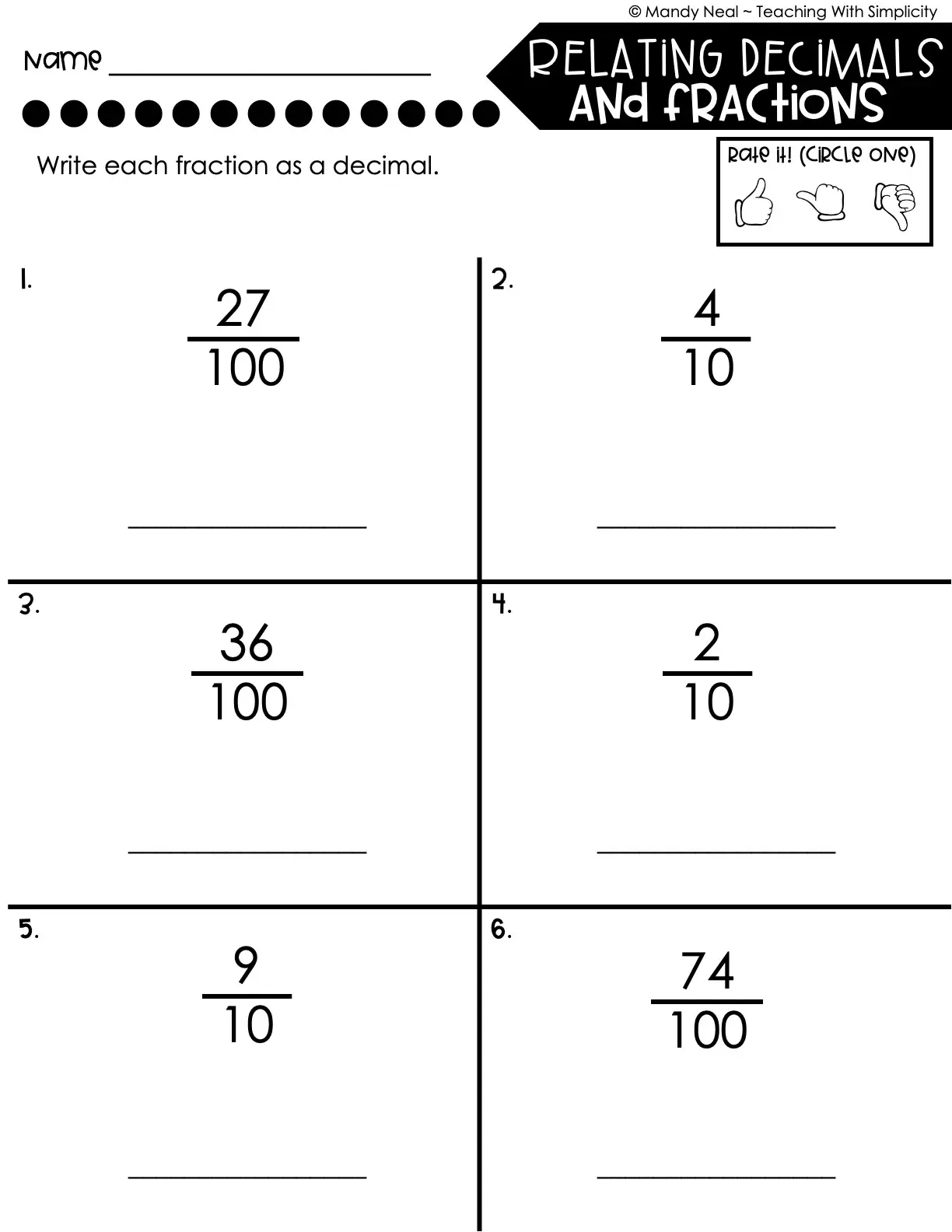 4th Grade Decimals – Relating Decimals and Fractions Worksheet 2 ...
