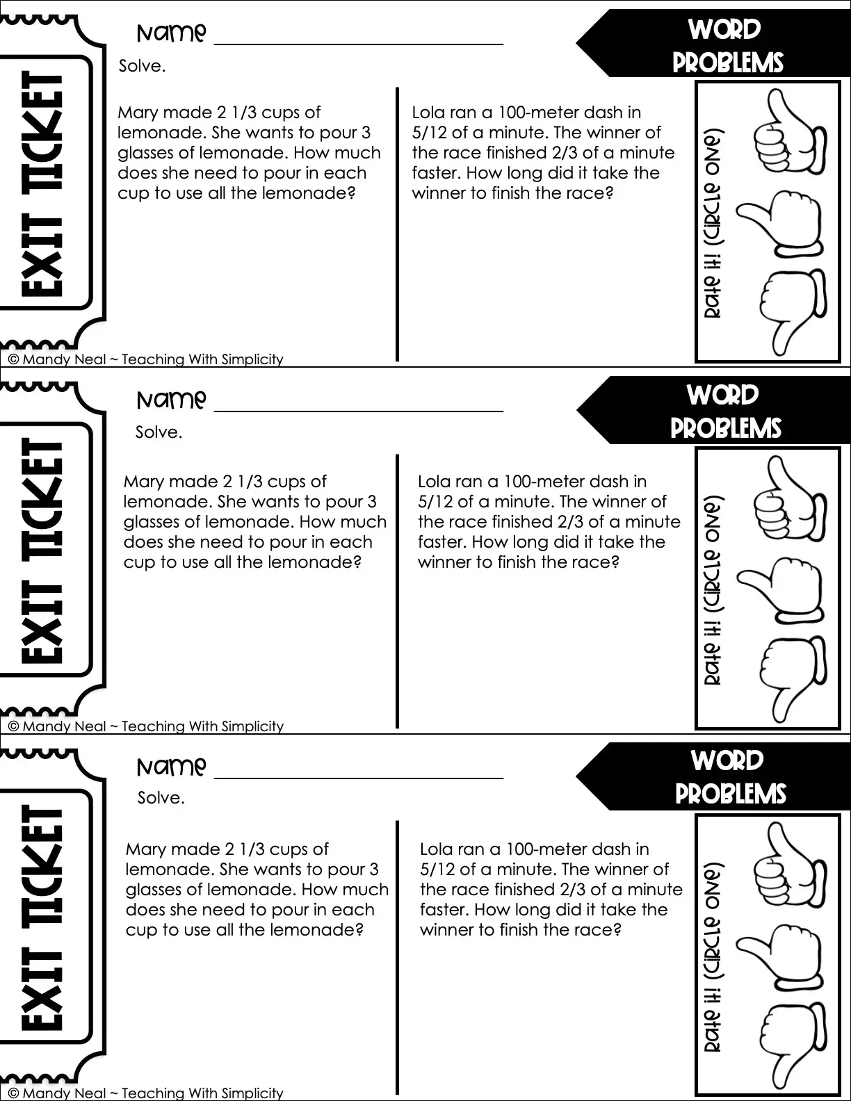 5th Grade Fractions – Word Problems Exit Ticket 2 ...