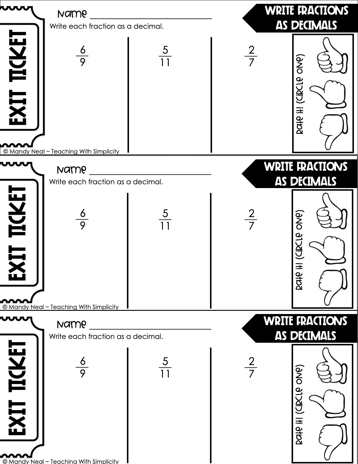 5th Grade Fractions – Write Fractions as Decimals Exit Ticket 1 ...