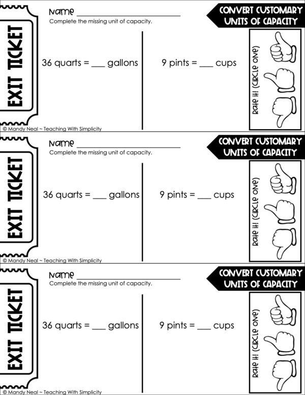5th Grade Measurement – Convert Customary Units of Capacity Exit Ticket ...