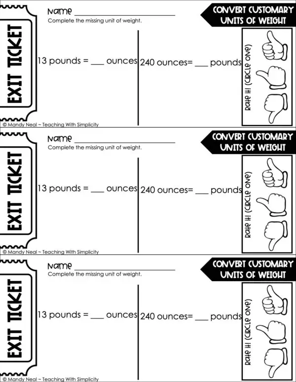 5th Grade Measurement – Convert Customary Units of Weight Exit Ticket 1 ...