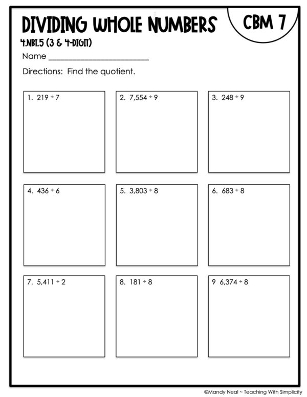 4th Grade Dividing Whole Numbers (3 & 4-Digit) Intervention Assessment ...