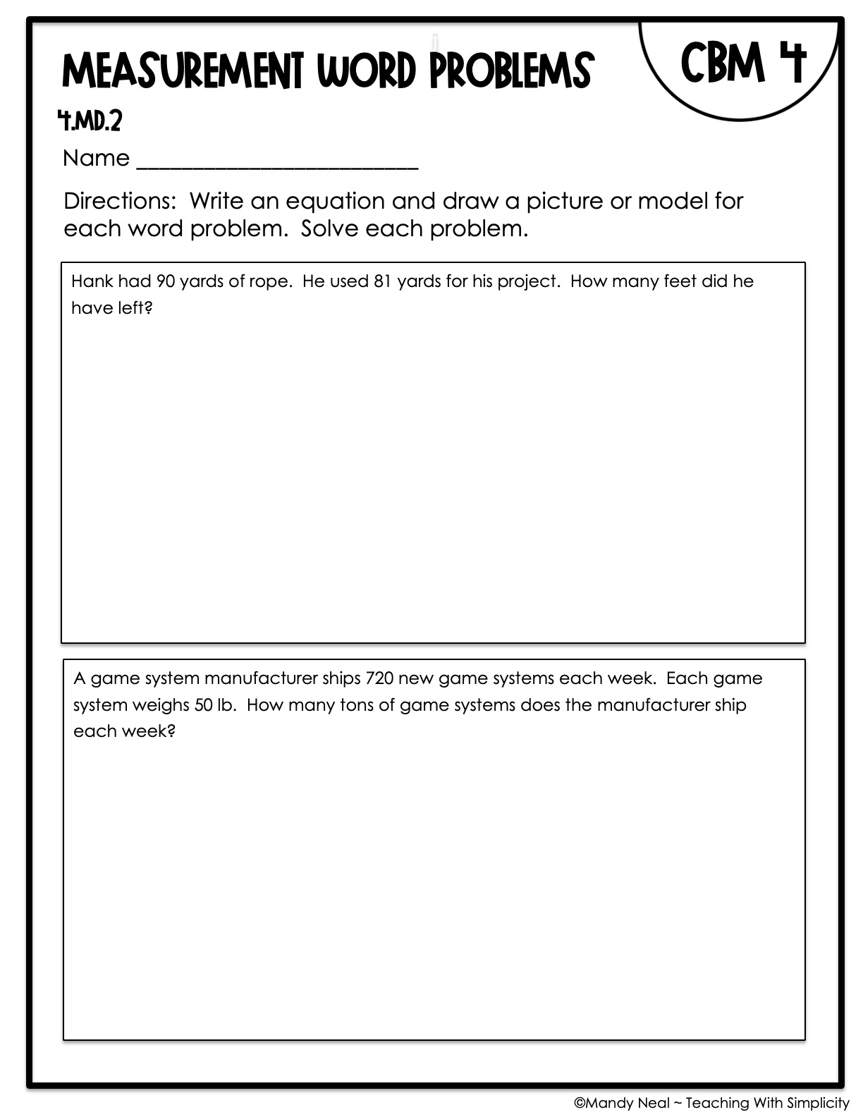 4th Grade Measurement Word Problems Intervention Assessment 4 ...
