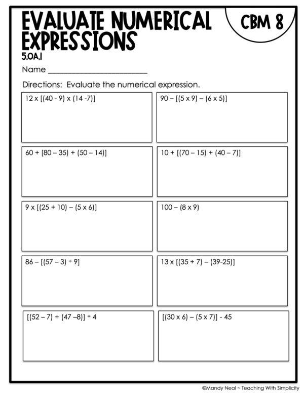 5th Grade Evaluate Numerical Expressions Intervention Assessment 8 ...